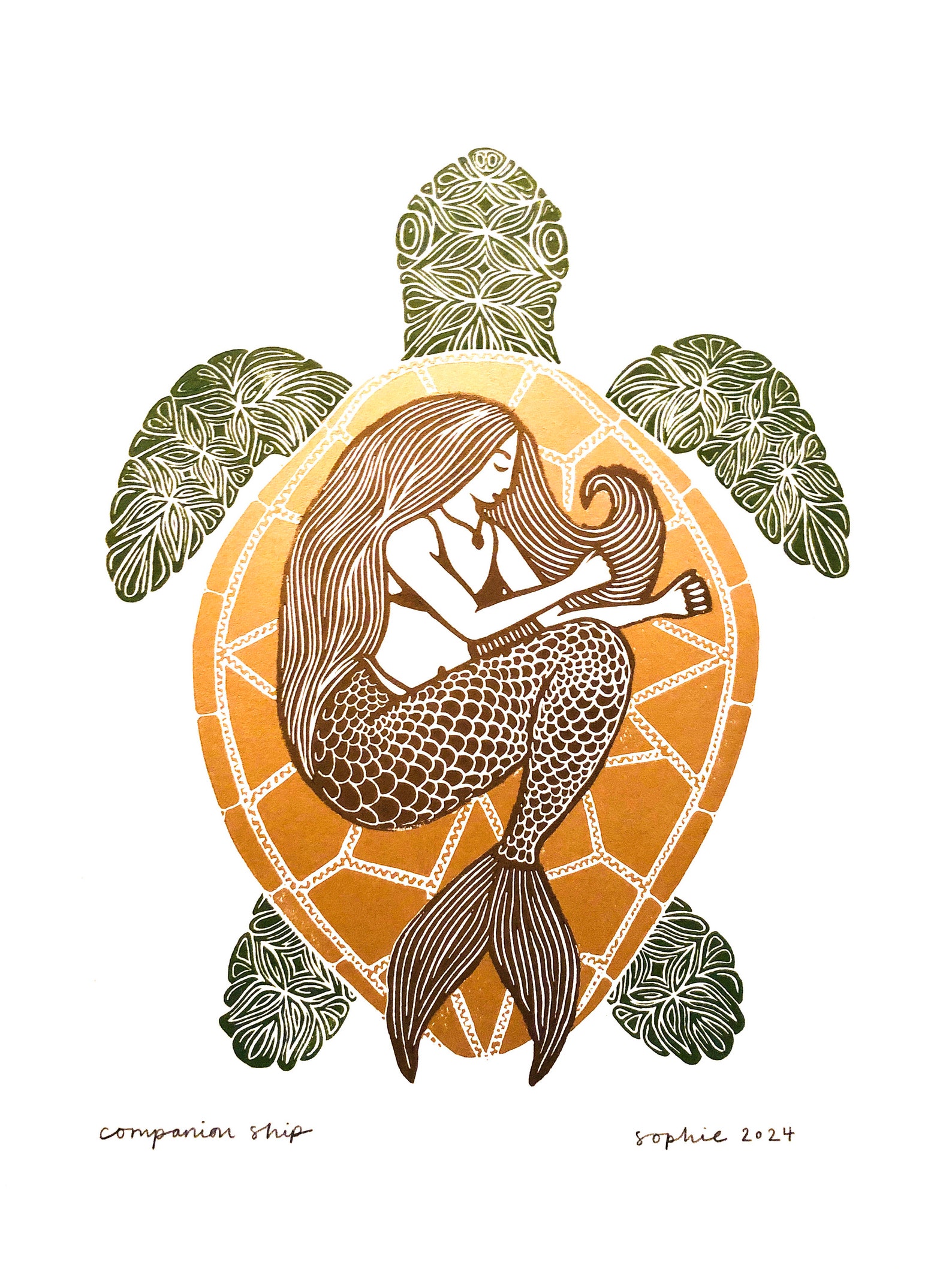 Mermaid and Turtle 'companion Ship' Linocut Print in Three Colours on ...