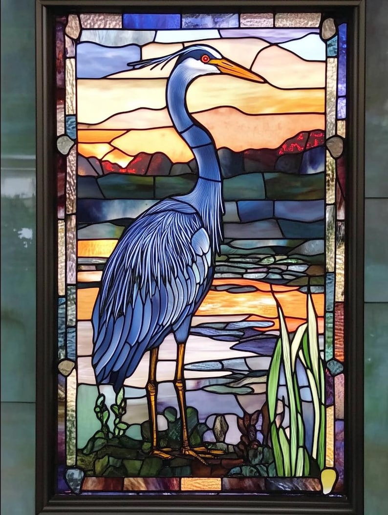 Customized Size Blue Heron Stained Glass Window Film Scenic Nature ...
