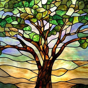 Custom Size Tree of Life Stained Glass Film With Scenic Background and ...