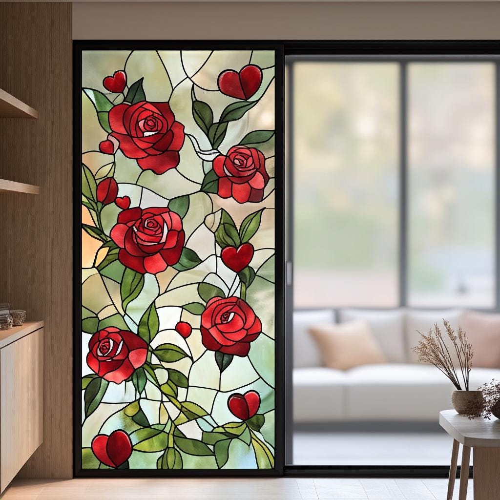 Customized Size Red Rose Stained Glass Window Film Romantic Floral ...