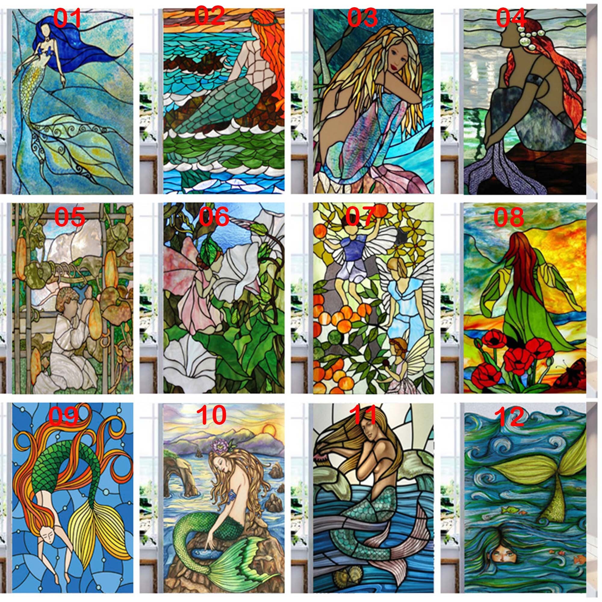 Window Stained Glass Films Mermaid Flower Fairy People Stickers for ...
