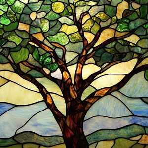Custom Size Tree of Life Stained Glass Film With Scenic Background and ...