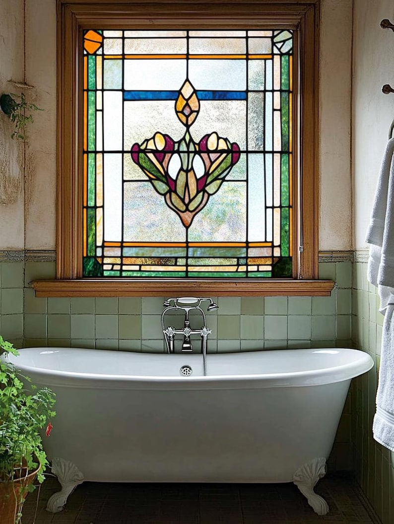 Customized Size Artistic Stained Glass Bathroom Window Film Elegant ...