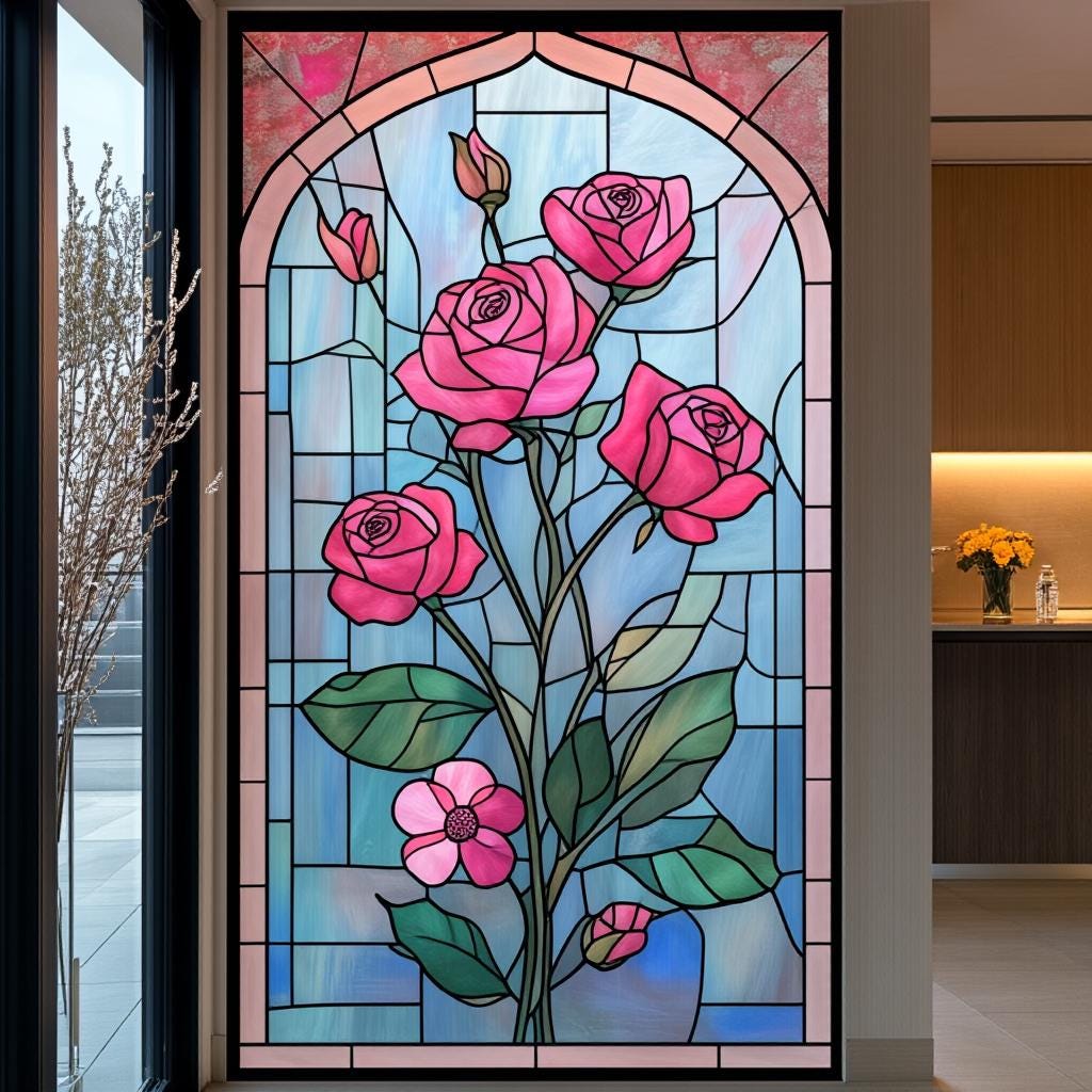 Customized Size Decorative Pink Rose Stained Glass Arched Window Film ...