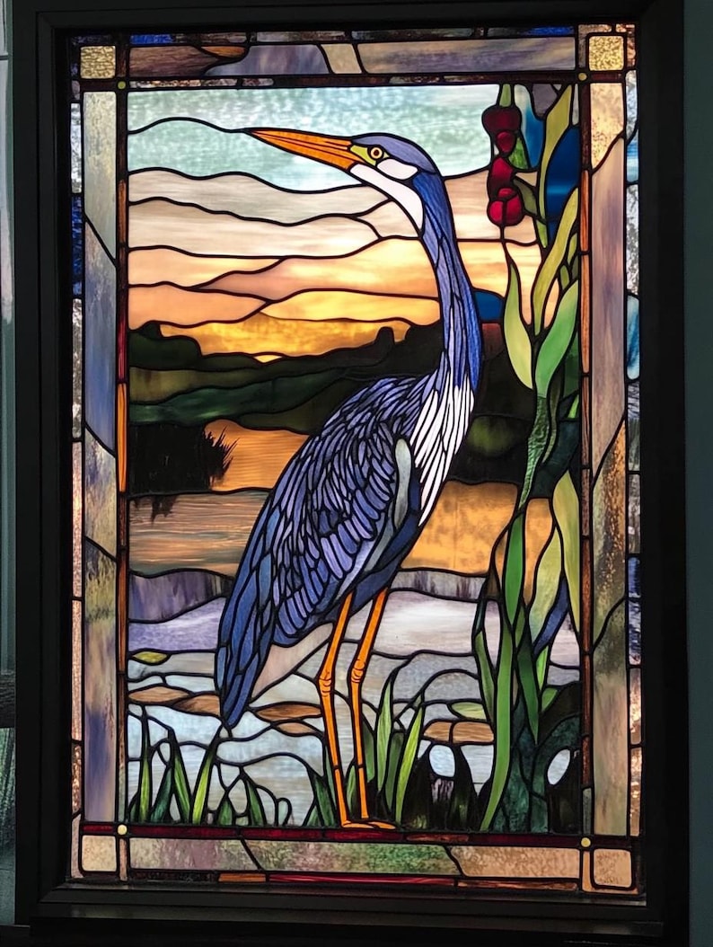 Customized Size Artistic Blue Heron Stained Glass Window Cling Privacy ...
