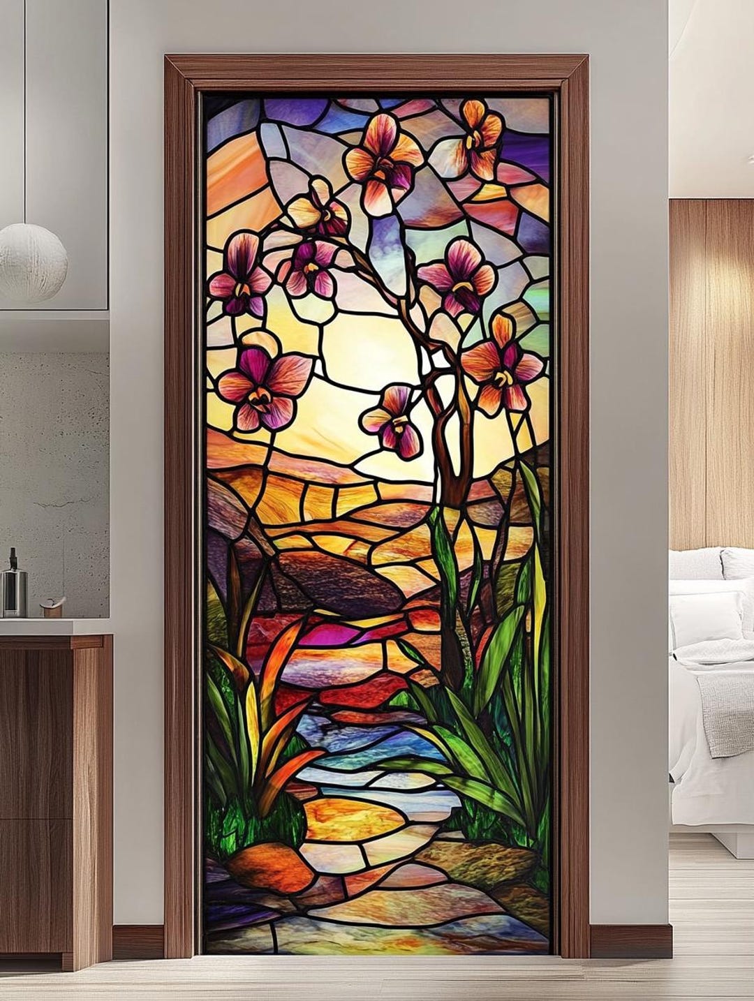 Customized Size Romantic Pathway and Orchid Stained Glass Window Decal ...