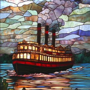 Custom Size Stained Glass Window Film With Historic Steamboat Scene ...