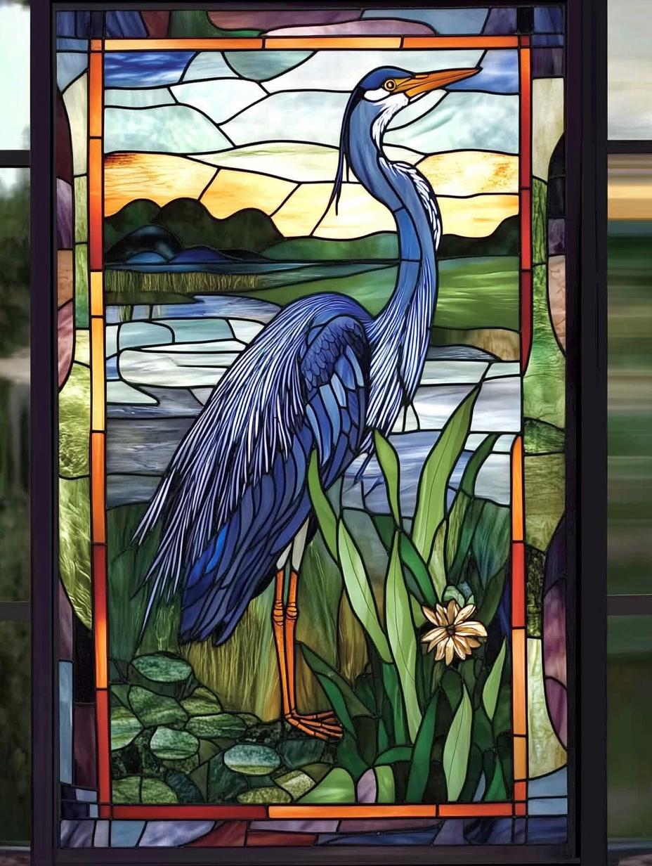 Customized Size Artistic Blue Heron Stained Glass Window Cling Privacy ...