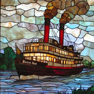 Custom Size Stained Glass Window Film With Historic Steamboat Scene ...