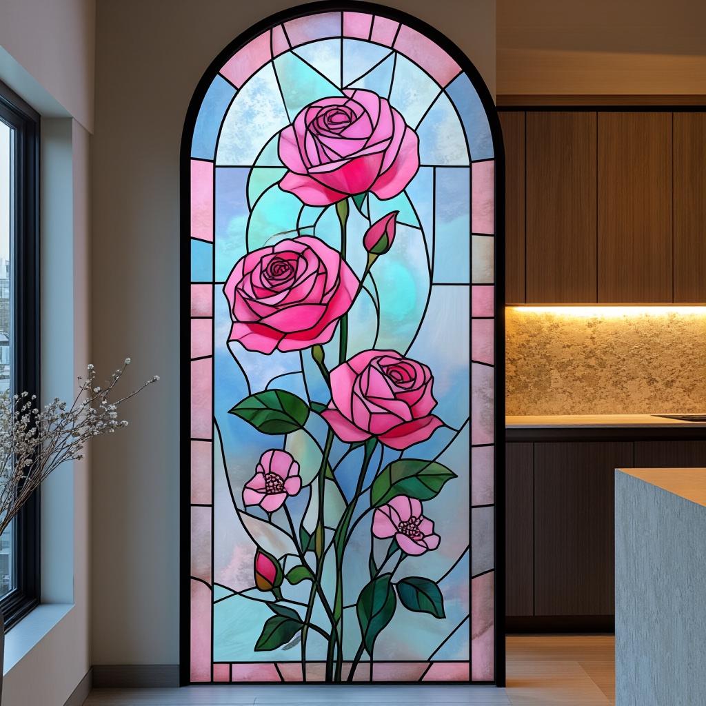 Customized Size Decorative Pink Rose Stained Glass Arched Window Film ...