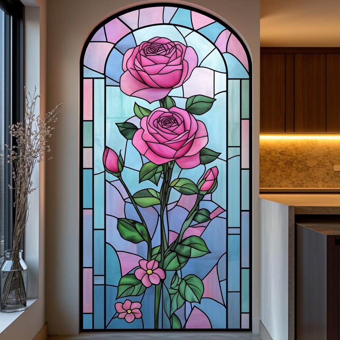 Customized Size Decorative Pink Rose Stained Glass Arched Window Film ...