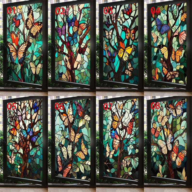 Custom Size Stained Glass Window Film With Vibrant Butterflies and Tree ...