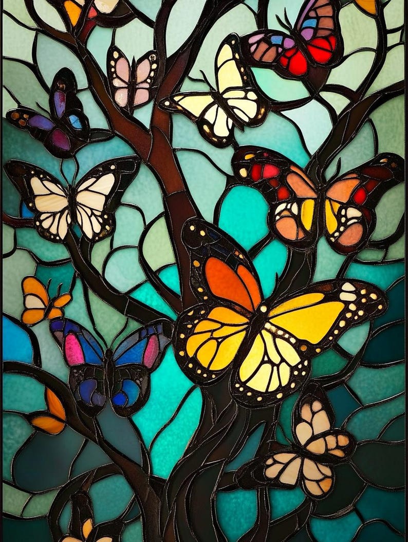 Custom Size Stained Glass Window Film With Vibrant Butterflies and Tree ...
