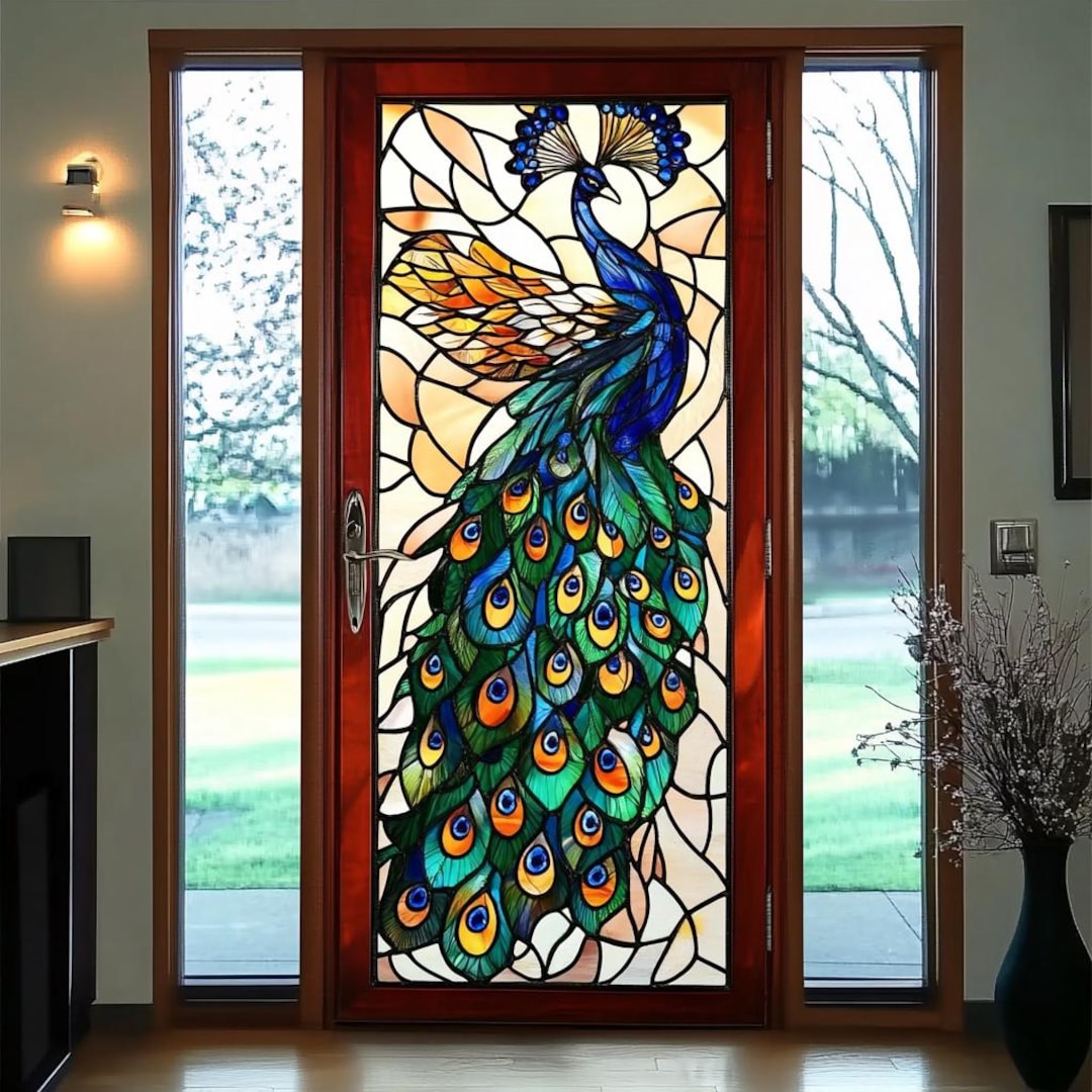 Customized Size Stained Glass Peacock Window Film Vibrant Decorative ...