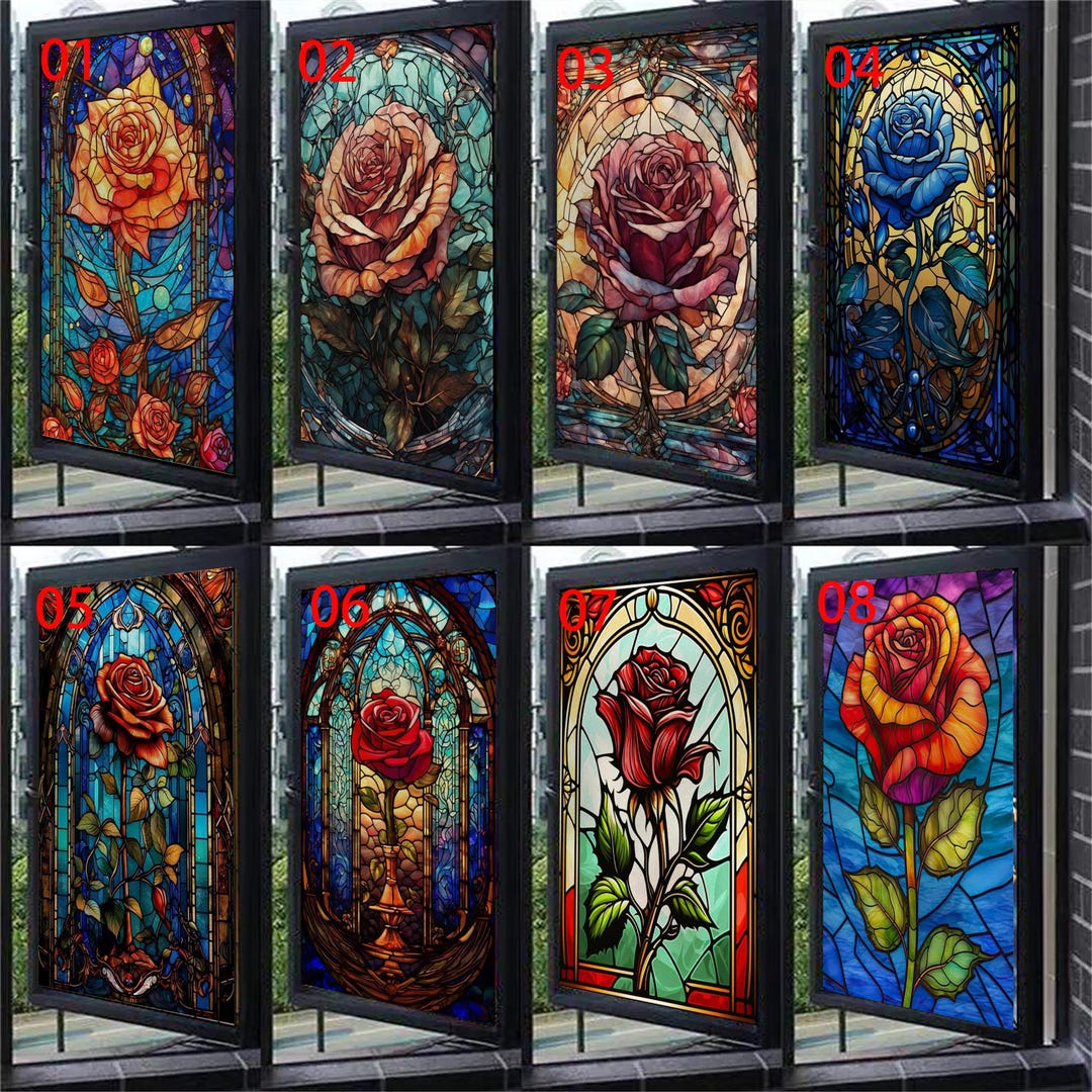 Custom Size Rose Flower Stained Glass Window Film Frosted Art Design ...