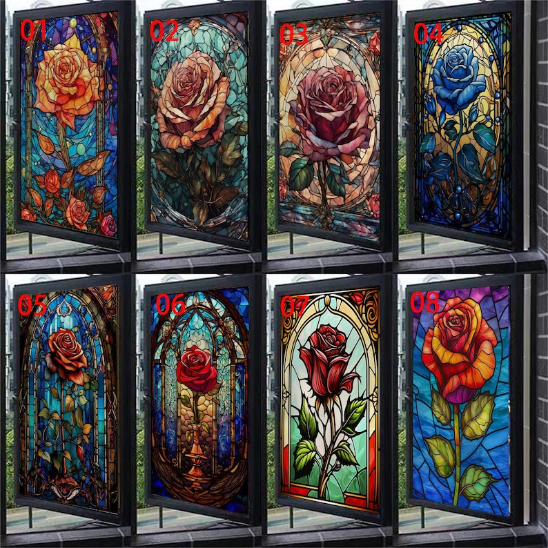 Custom Size Rose Flower Stained Glass Window Film Frosted Art Design ...
