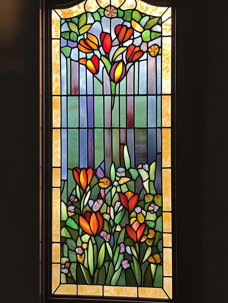 Customized Size Stained Glass Window Film Colorful Tulip Garden Design ...