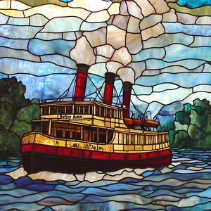Custom Size Stained Glass Window Film With Historic Steamboat Scene ...