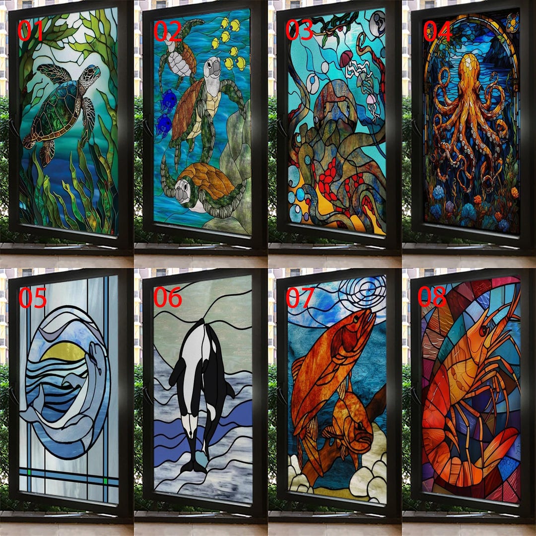 Custom Size Marine Life Stained Glass Window Films Fish and Ocean ...