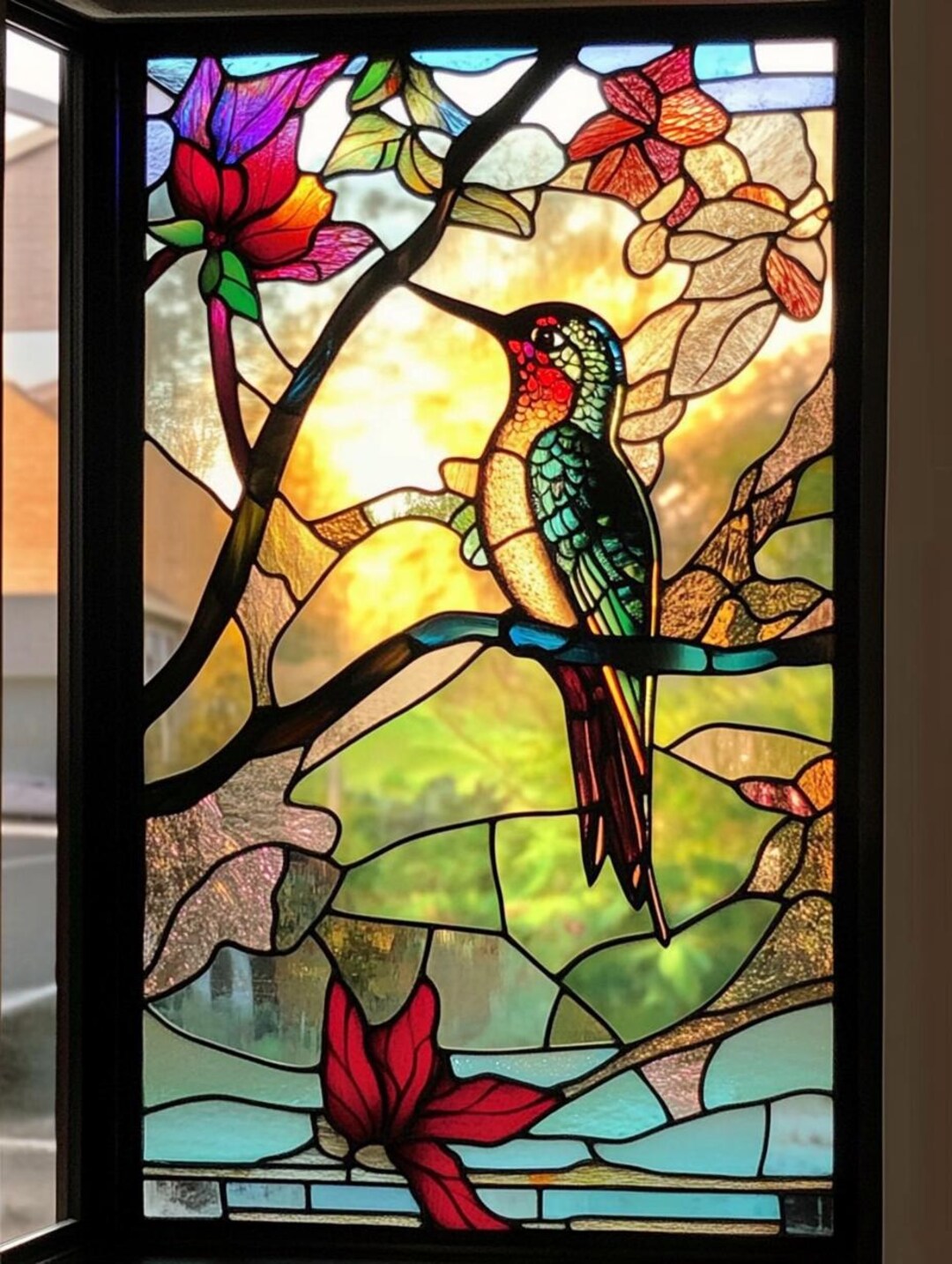 Customized Size Stained Glass Window Film Hummingbird and Floral Design ...
