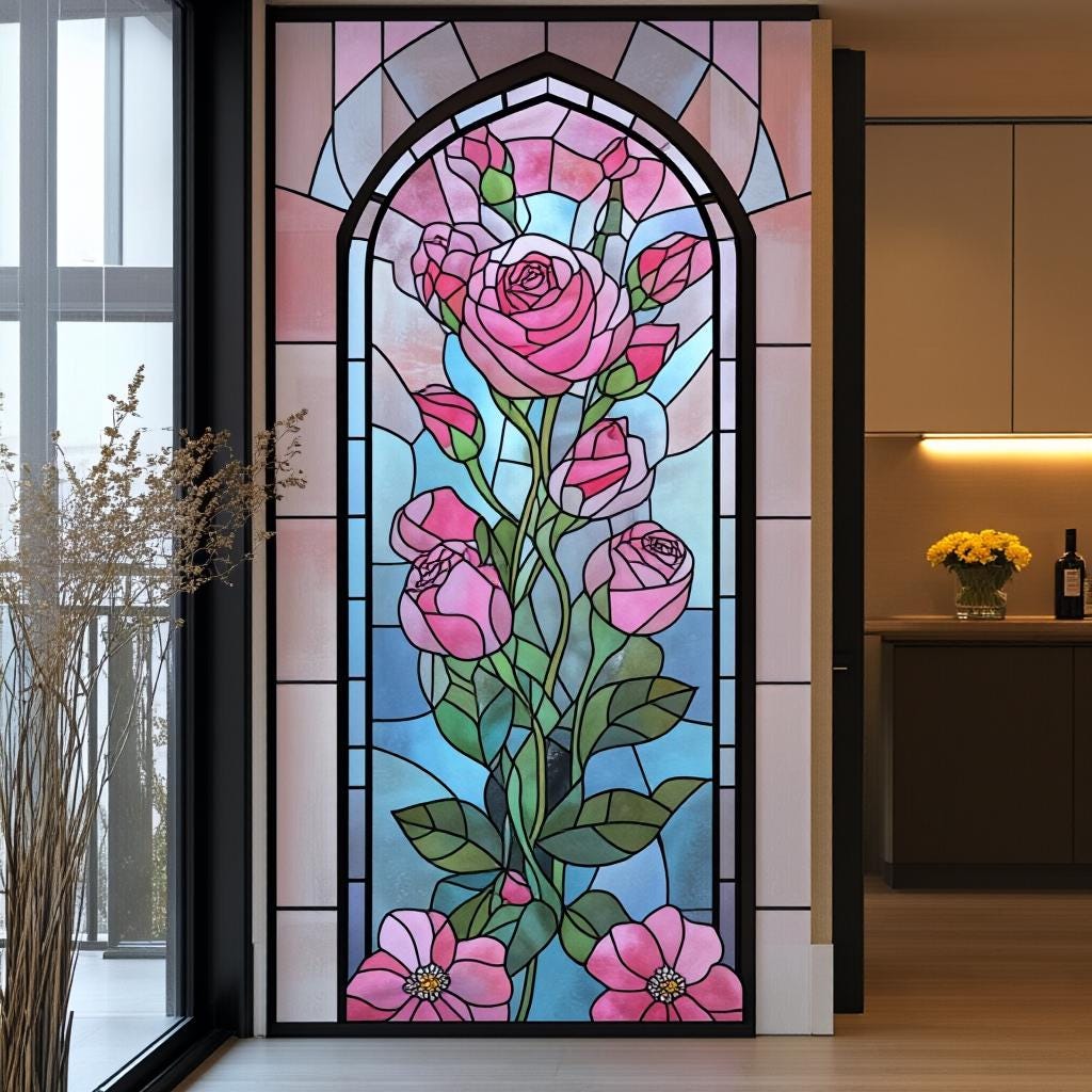 Customized Size Decorative Pink Rose Stained Glass Arched Window Film ...