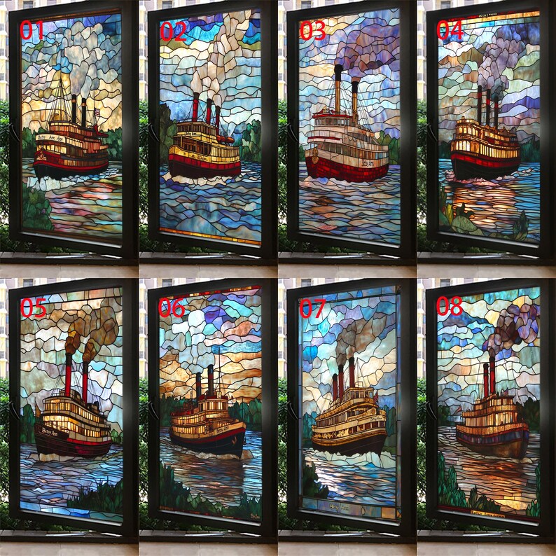 Custom Size Stained Glass Window Film With Historic Steamboat Scene ...
