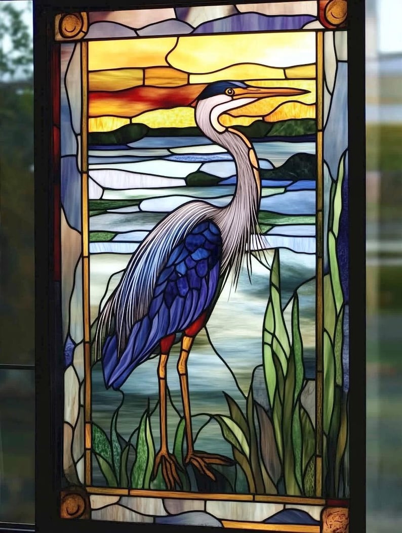 Customized Size Artistic Blue Heron Stained Glass Window Cling Privacy ...