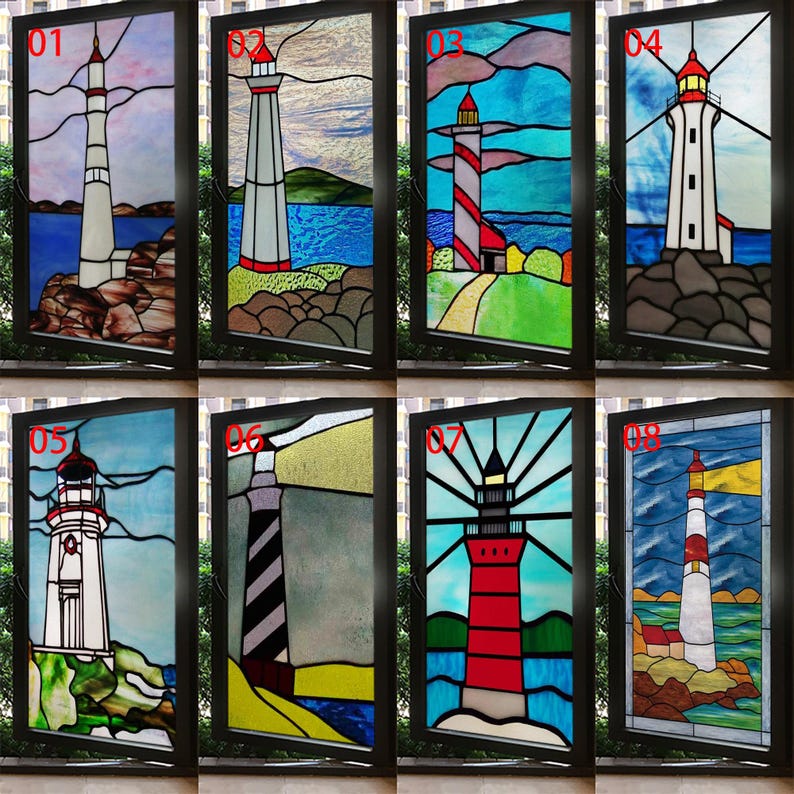 Custom Size Frosted Lighthouse Window Film Static Cling Stained Glass ...