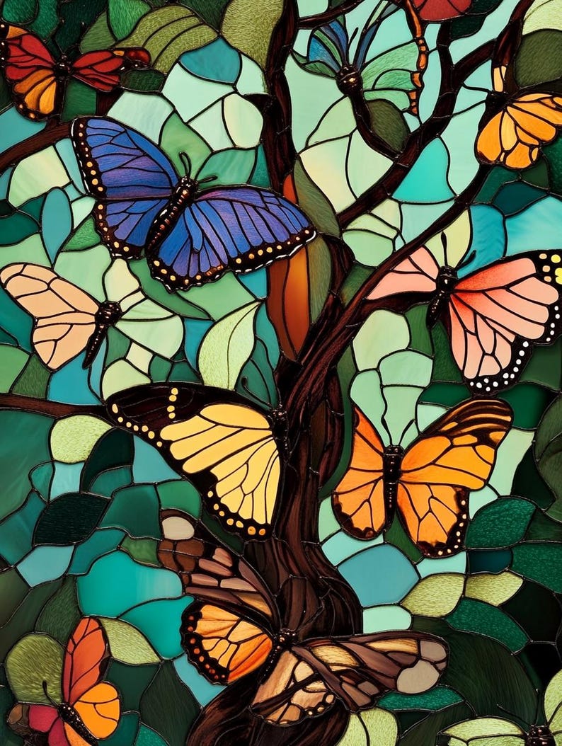 Custom Size Stained Glass Window Film With Vibrant Butterflies and Tree ...