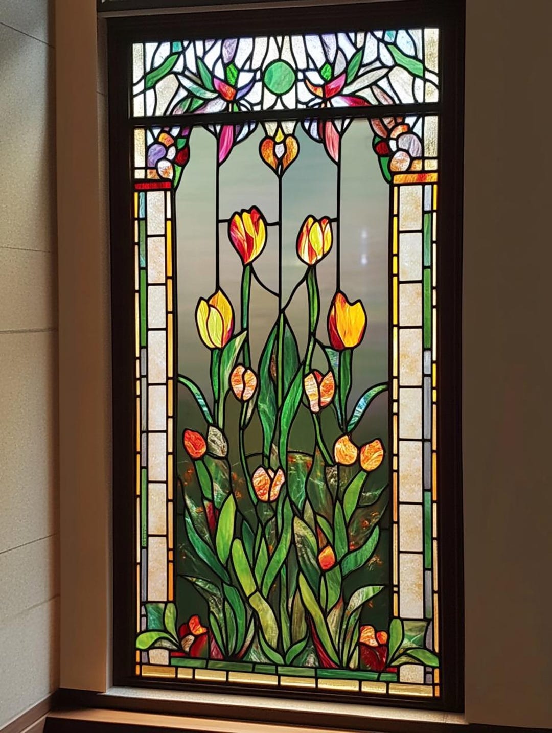 Customized Size Stained Glass Window Film Colorful Tulip Garden Design ...