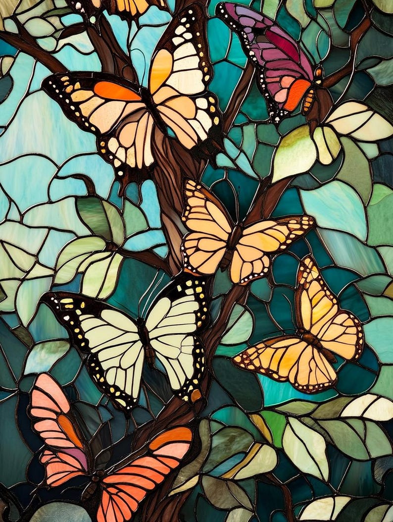 Custom Size Stained Glass Window Film With Vibrant Butterflies and Tree ...