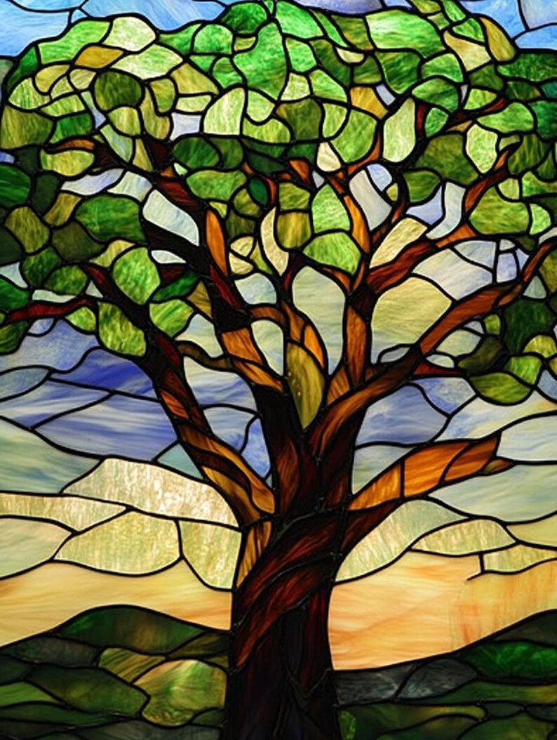 Custom Size Tree of Life Stained Glass Film With Scenic Background and ...
