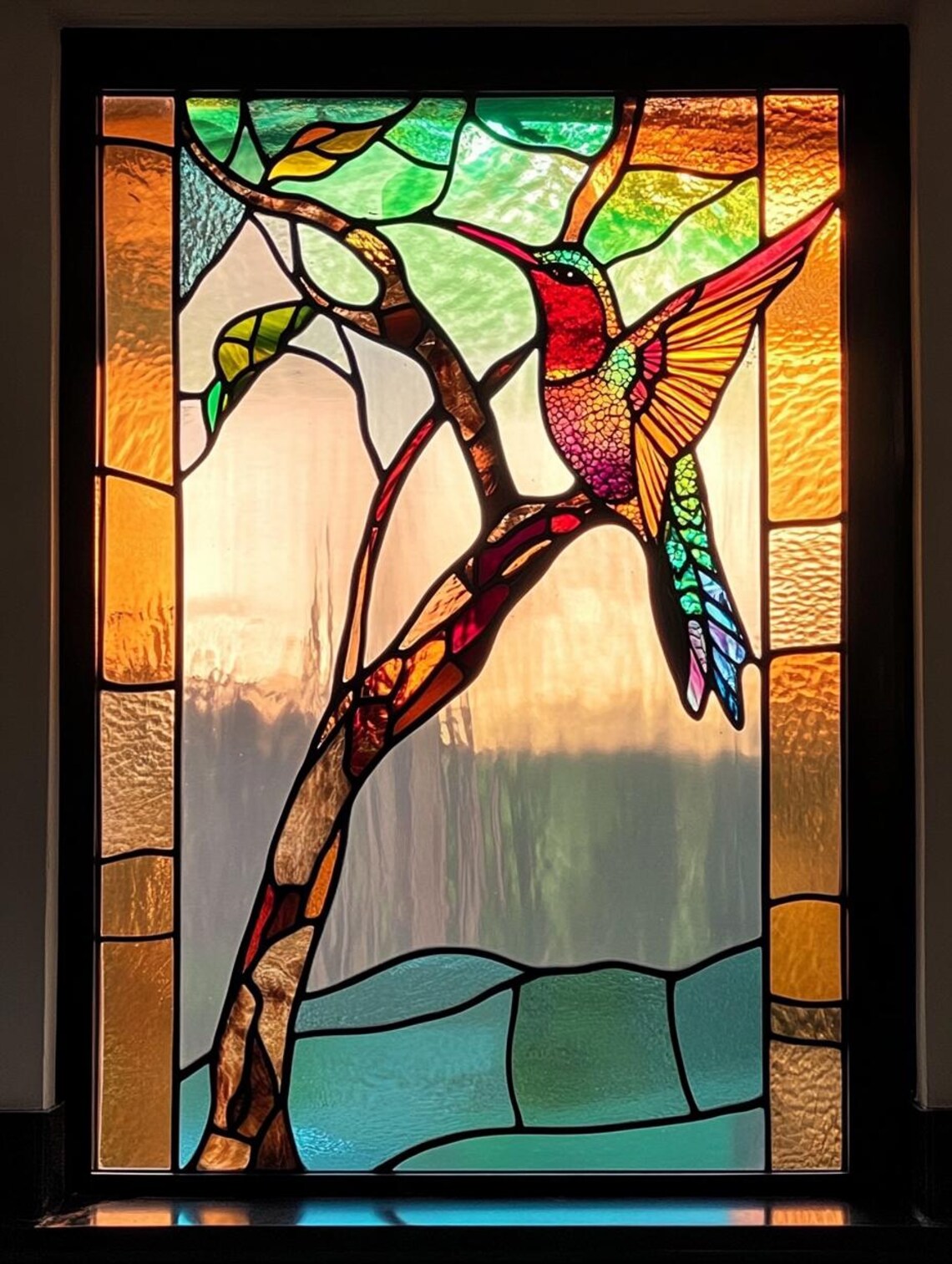 Customized Size Stained Glass Window Film Hummingbird and Floral Design ...