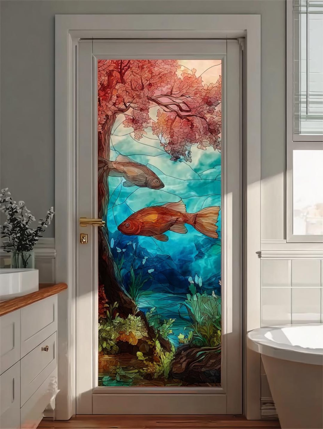 Custom Size Koi Fish Window Film Door Sticker With Floral Branch Design ...