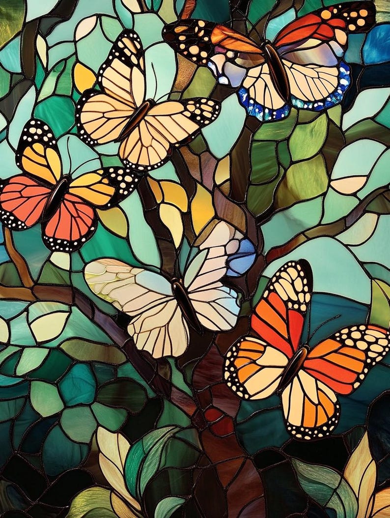 Custom Size Stained Glass Window Film With Vibrant Butterflies and Tree ...