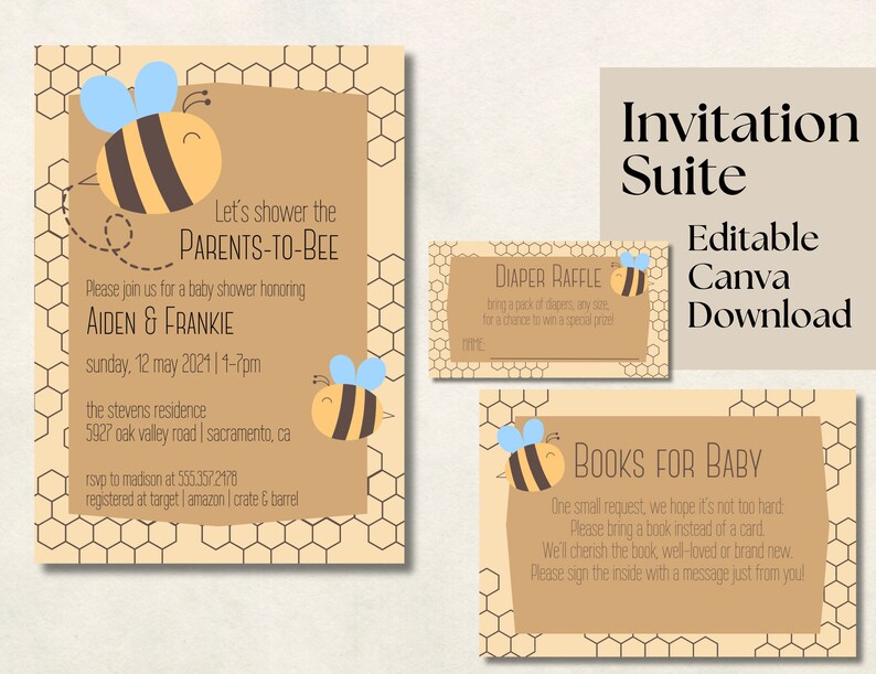 Parents to Bee Baby Shower Invitation SUITE- Editable Canva Download ...