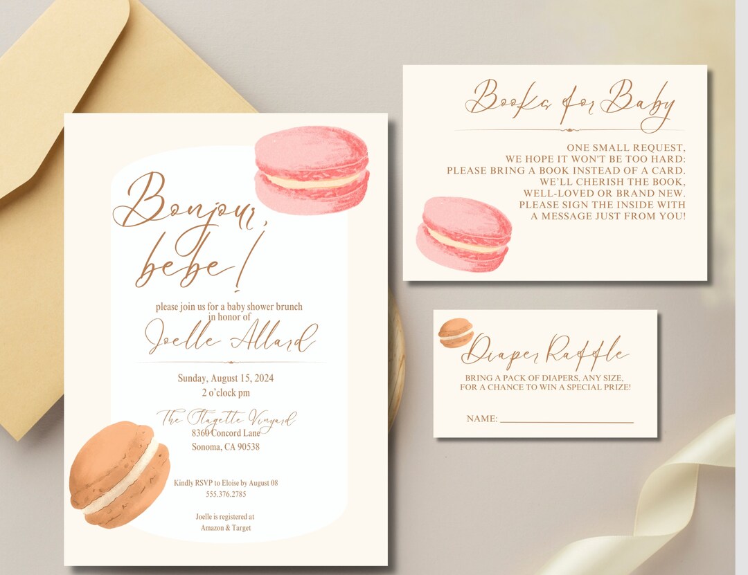 French Macaron Baby Shower Invitation Suite – Editable Canva Download ...