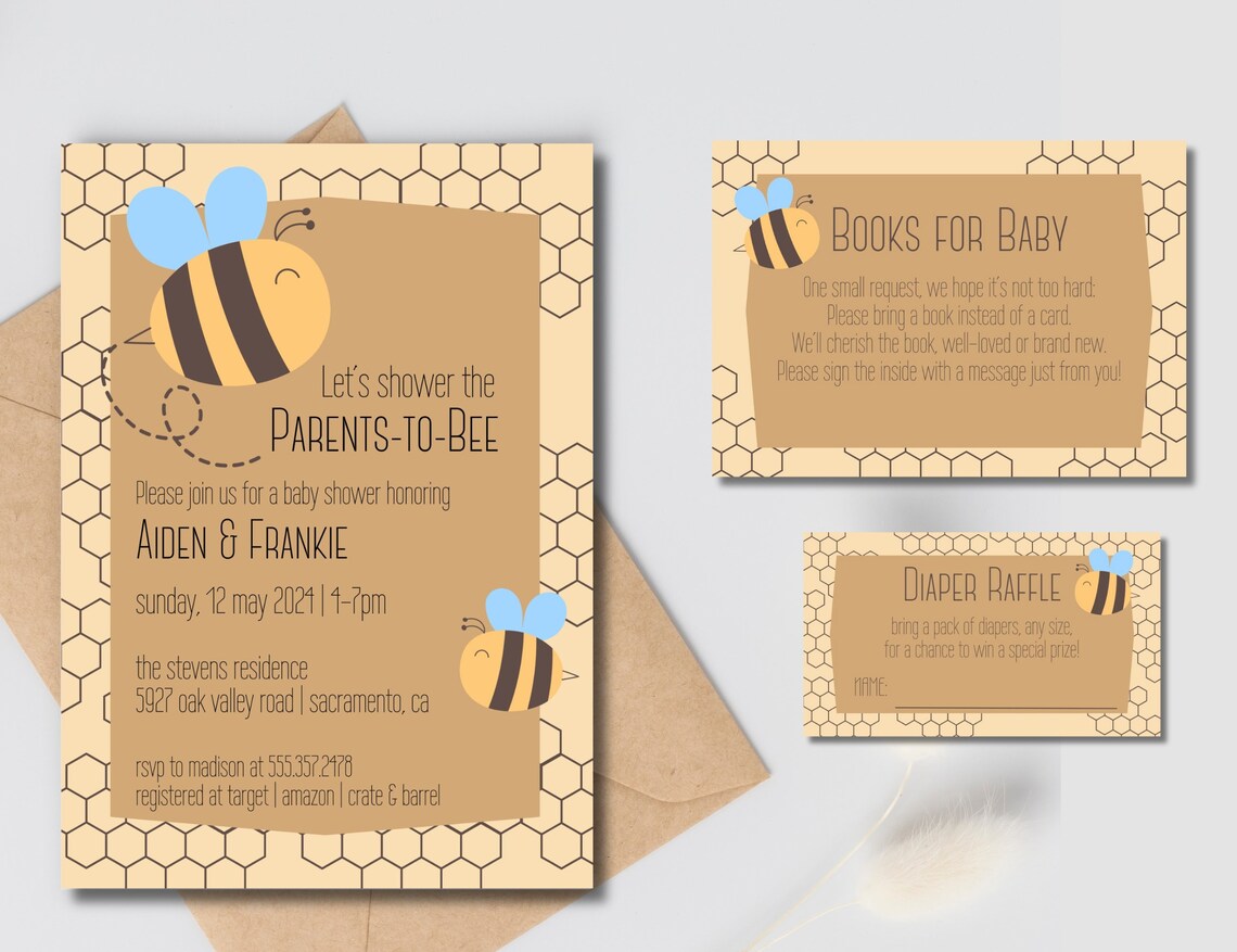 Parents to Bee Baby Shower Invitation SUITE- Editable Canva Download ...