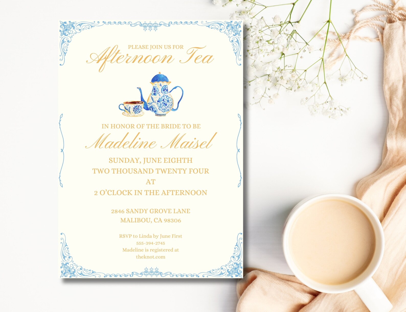 Afternoon Tea Party Bridal Shower Invitation- Editable Canva Download ...