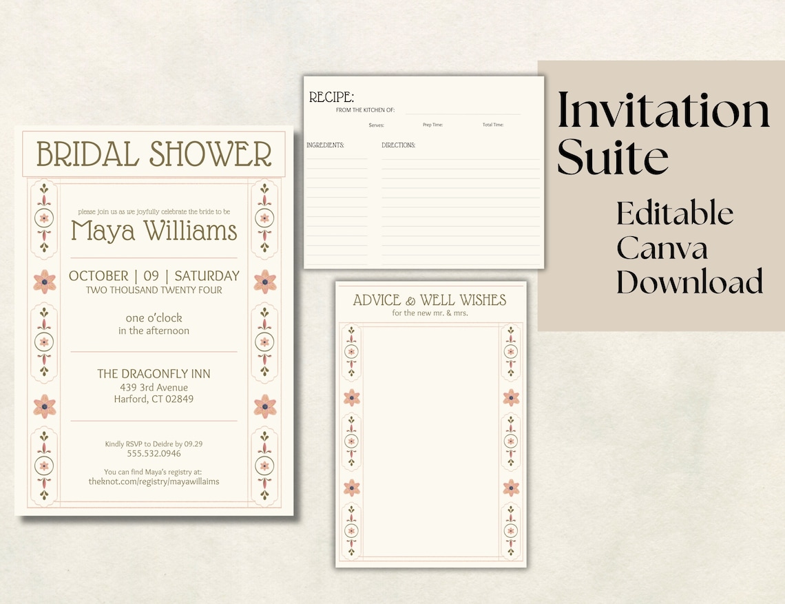 Scandinavian Floral Bridal Shower Invitation SUITE Editable Canva ...