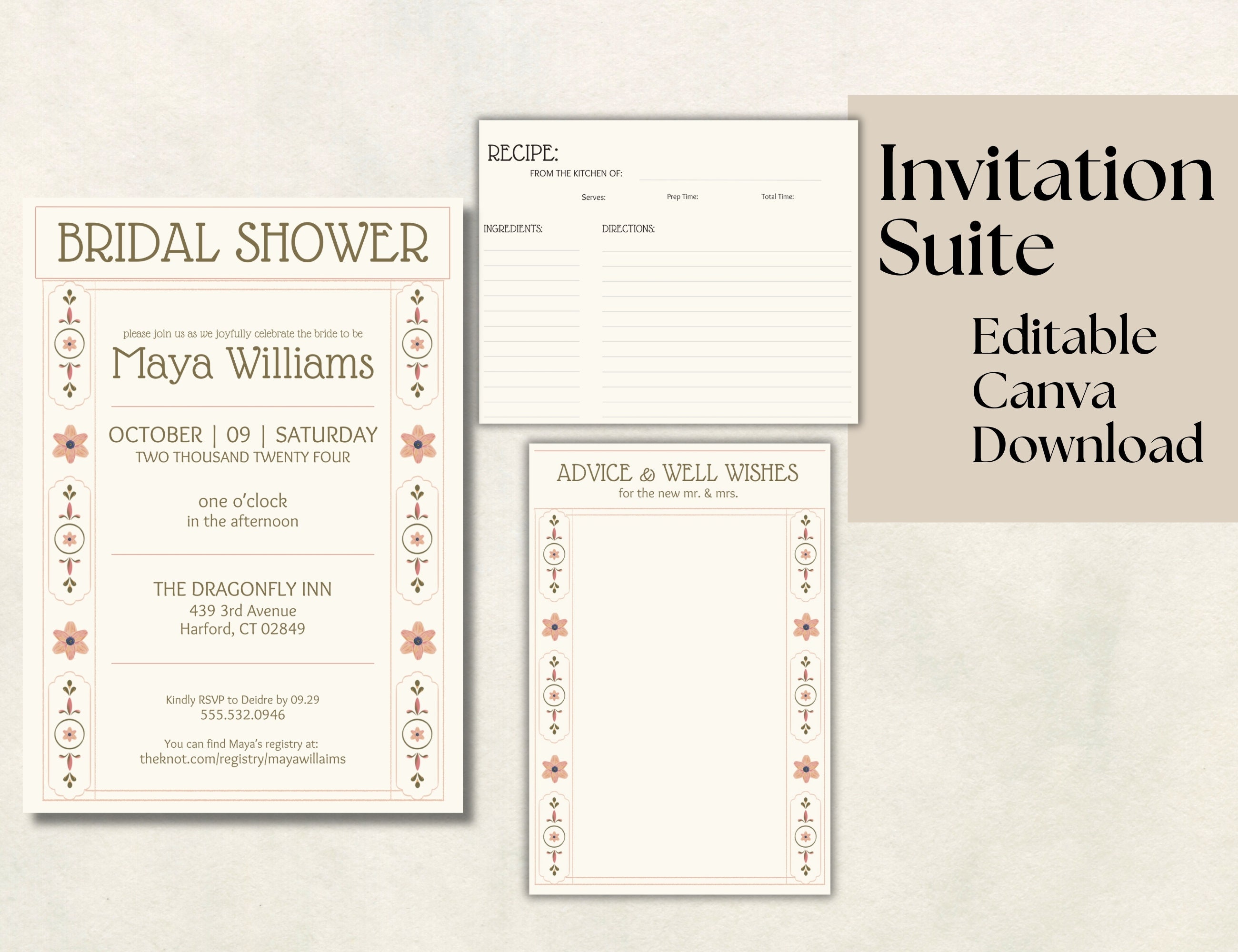 Scandinavian Floral Bridal Shower Invitation SUITE- Editable Canva ...
