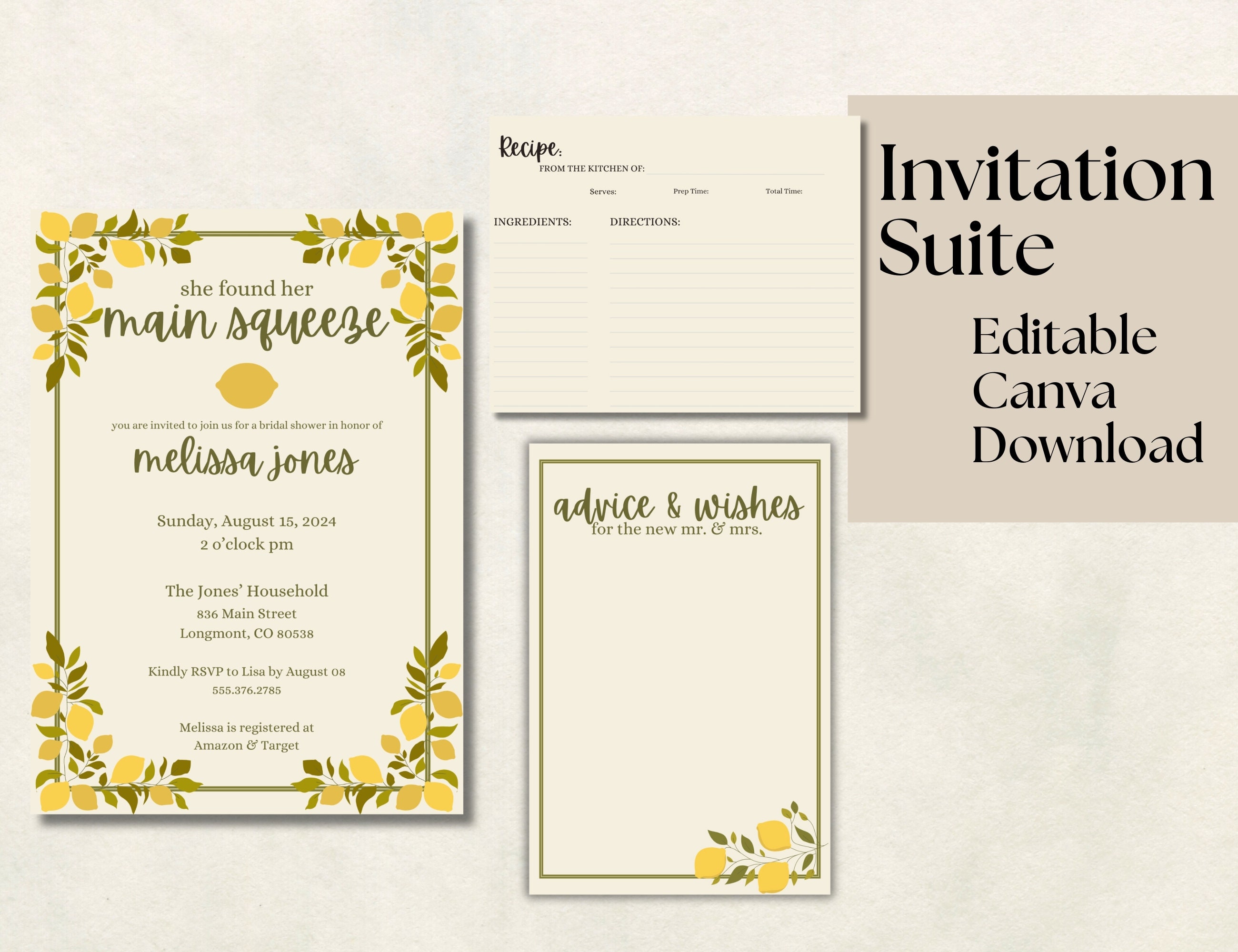 Modern Main Squeeze Bridal Shower Invitation SUITE- Editable Canva ...