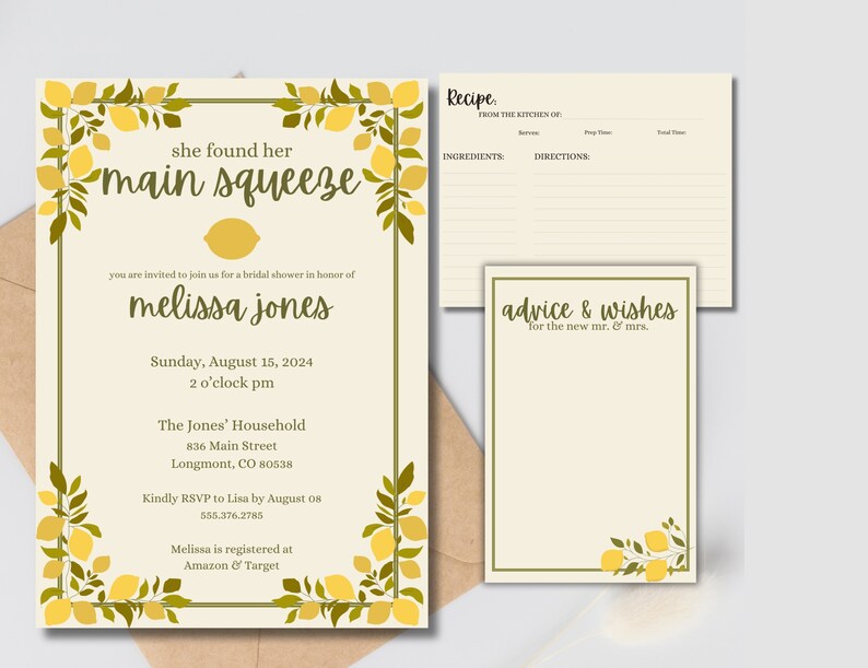 Modern Main Squeeze Bridal Shower Invitation SUITE- Editable Canva ...