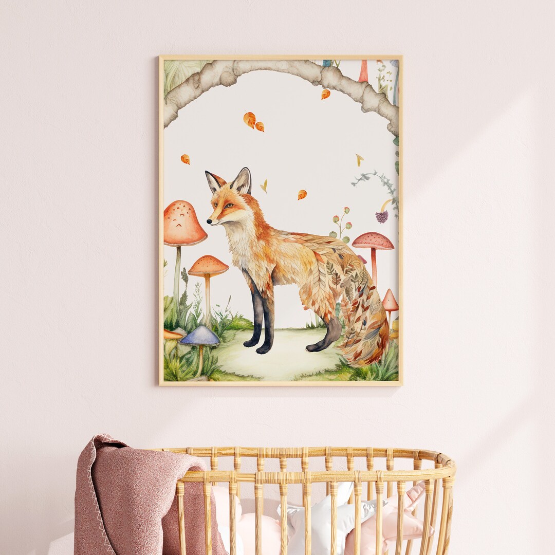 DIGITAL Printable Watercolor FALL Poster Fox and Mushrooms for Kids ...
