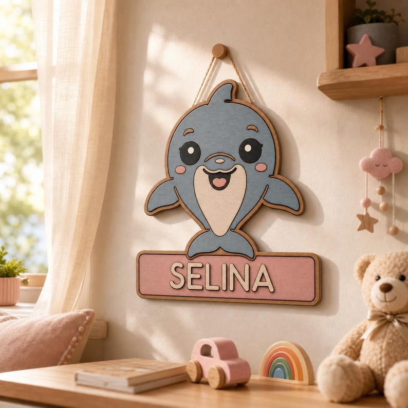 Dolphin Name Sign SVG Customizable Laser File for Kids Room Door Sign ...