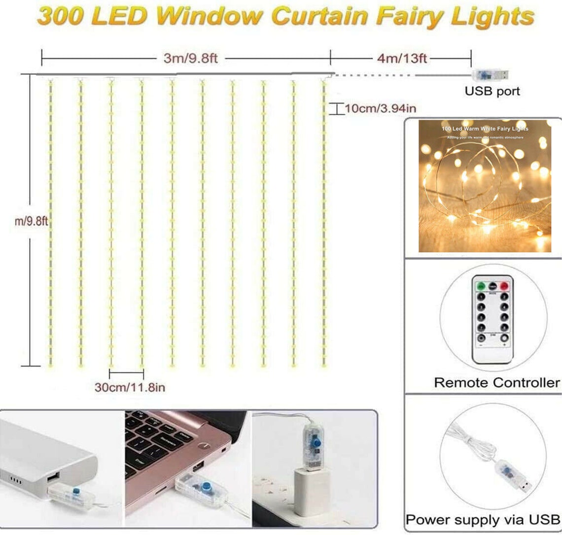 300 Led Curtain Fairy Lights Wedding Indoor Outdoor Christmas Garden ...