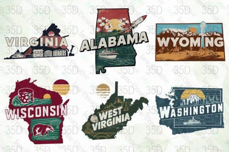 50 Retro-inspired State Designs, Vintage US State Digital Art, Digital ...
