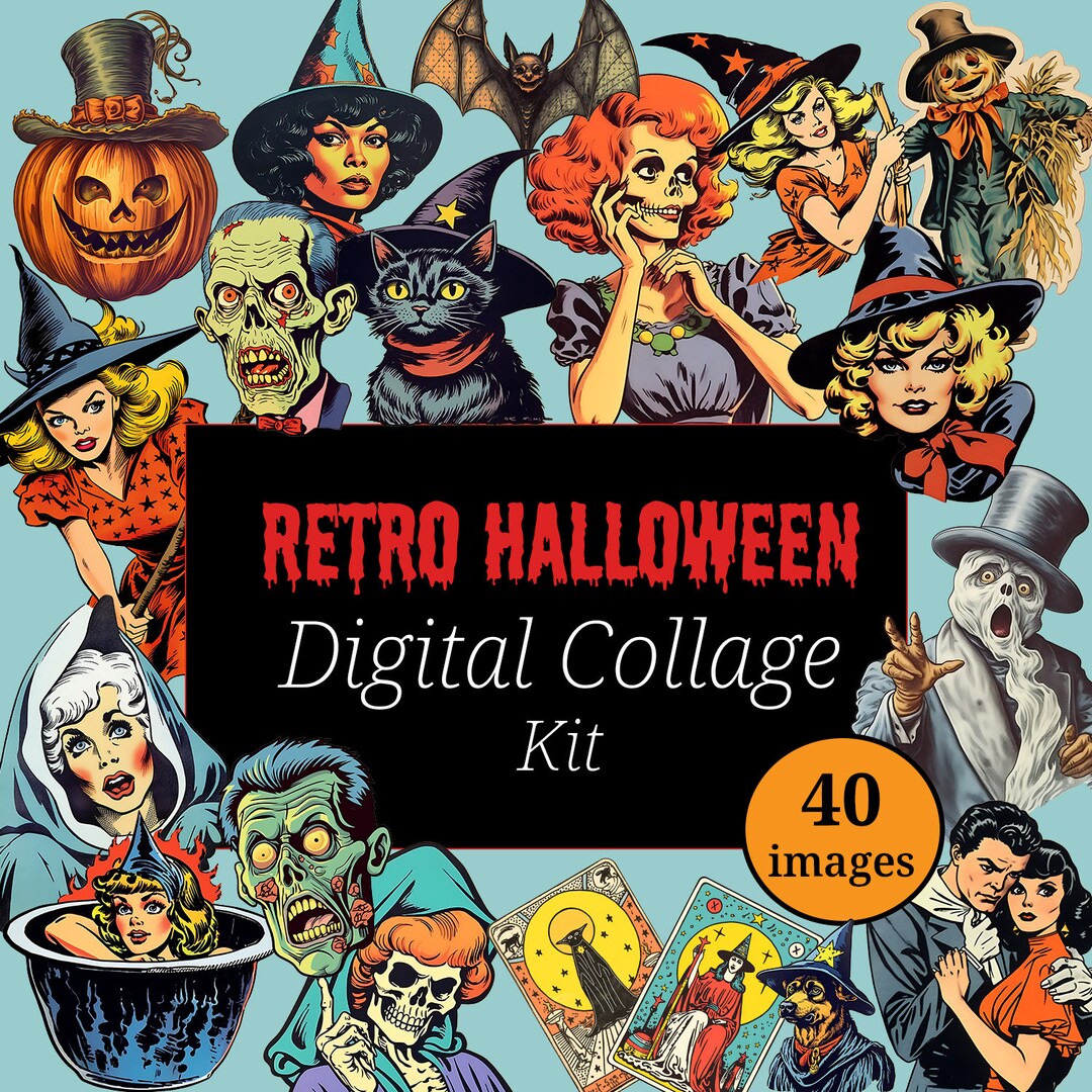 Retro Halloween Digital Collage Pack PNG Witches Pumpkins Vintage ...
