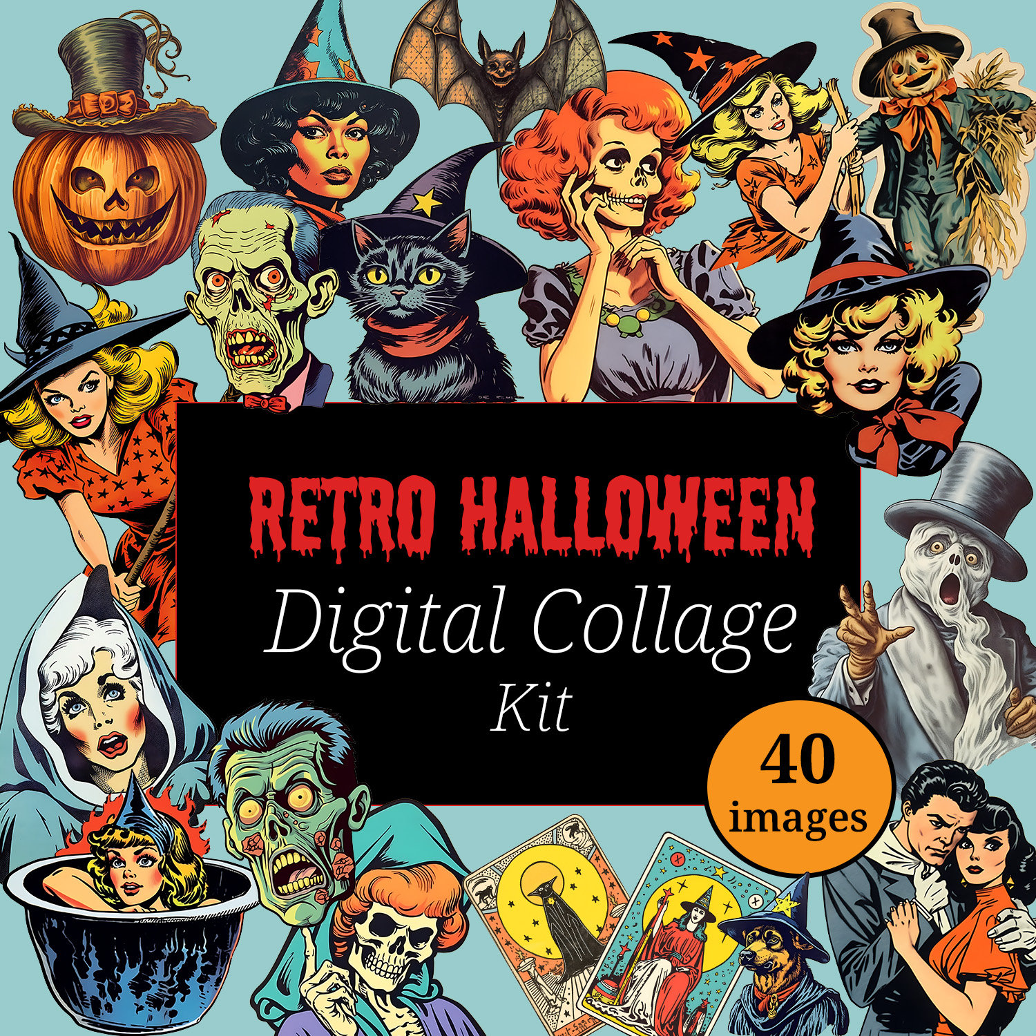 Retro Halloween Digital Collage Pack PNG Witches Pumpkins Vintage ...