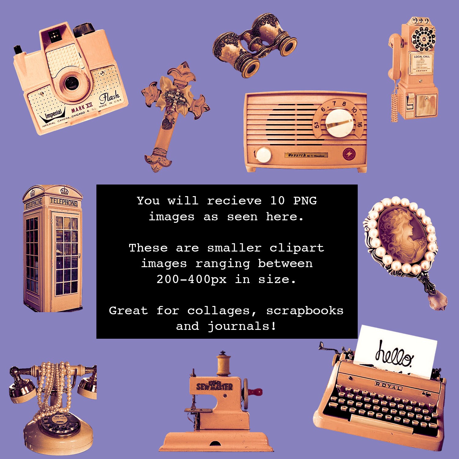Vintage Digital Collage Pack Retro Technology, Typewriter, Camera ...
